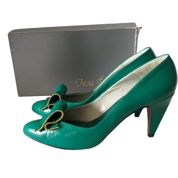 Vintage | Shoes | Vintage 8s Green Leather Studded Bow Pumps Heels ...